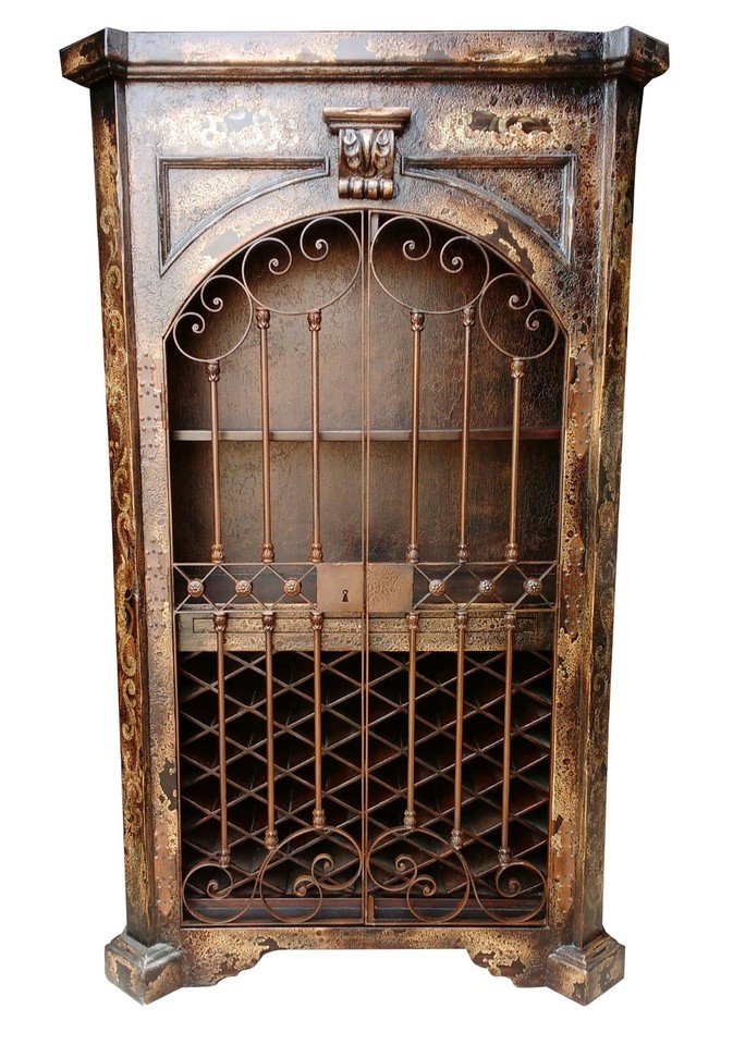 Esofastore Vintage Wine Bar Cabinet w/ Wine Racks, Wrought Iron Doors ...