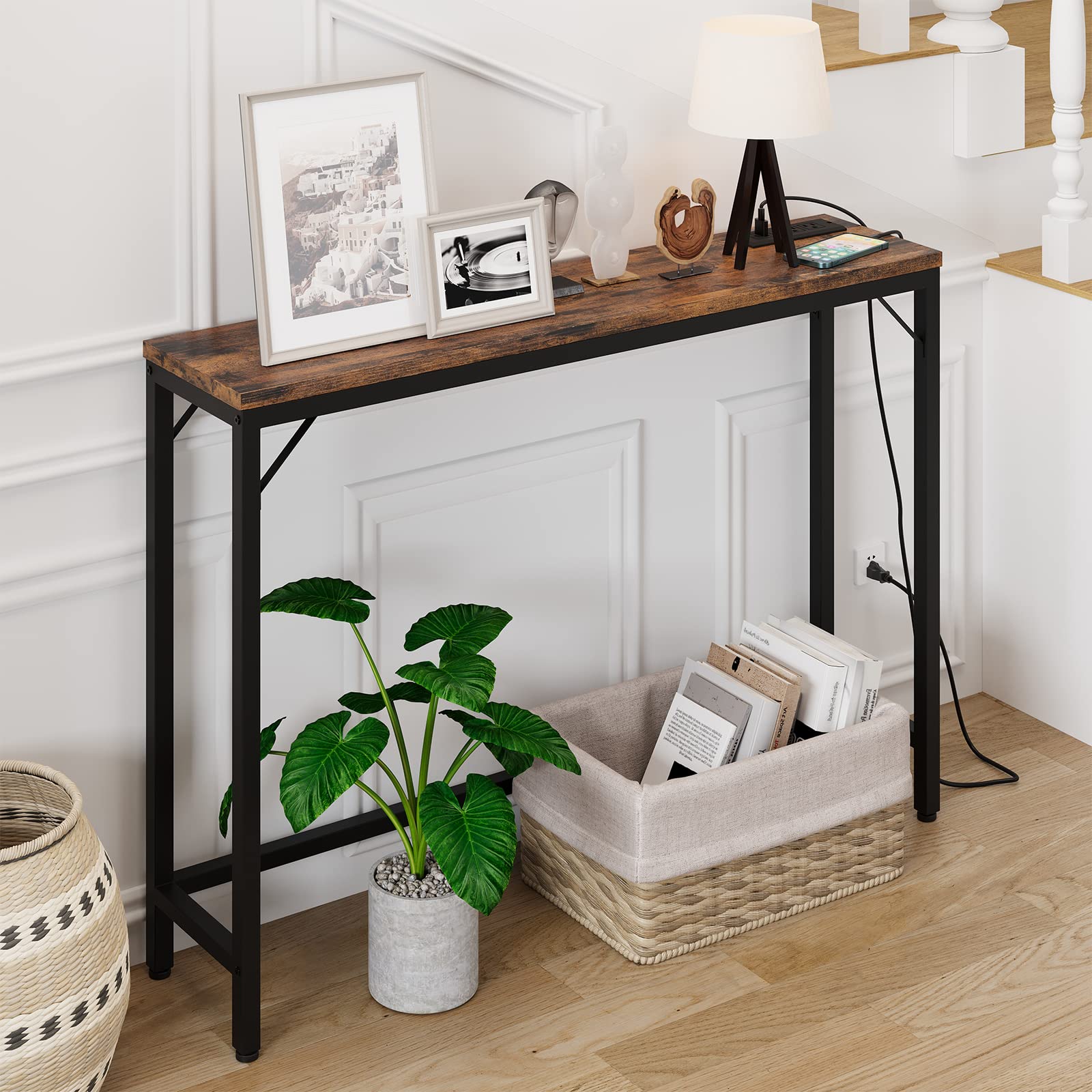 Amyove console Table with Outlets, Narrow Sofa Table with charging ...