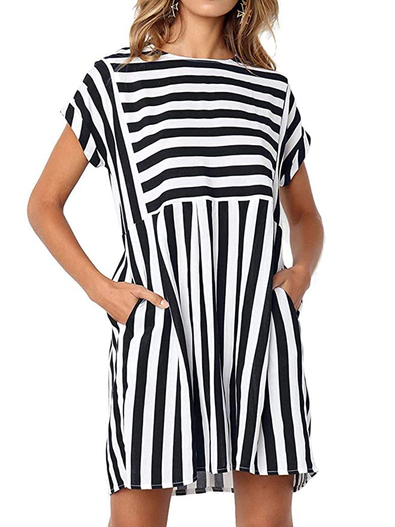Naggoo Short Sleeve Dresses For Women Casual,Summer Striped Printed Mini Aline Tshirt Dress With ...