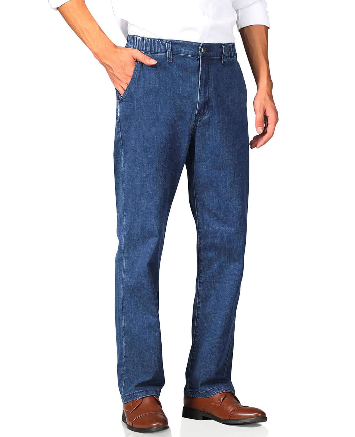 Soojun Mens Elastic Waist Jeans Relaxed Fit With Zipper And Button Blue 40w X 30l