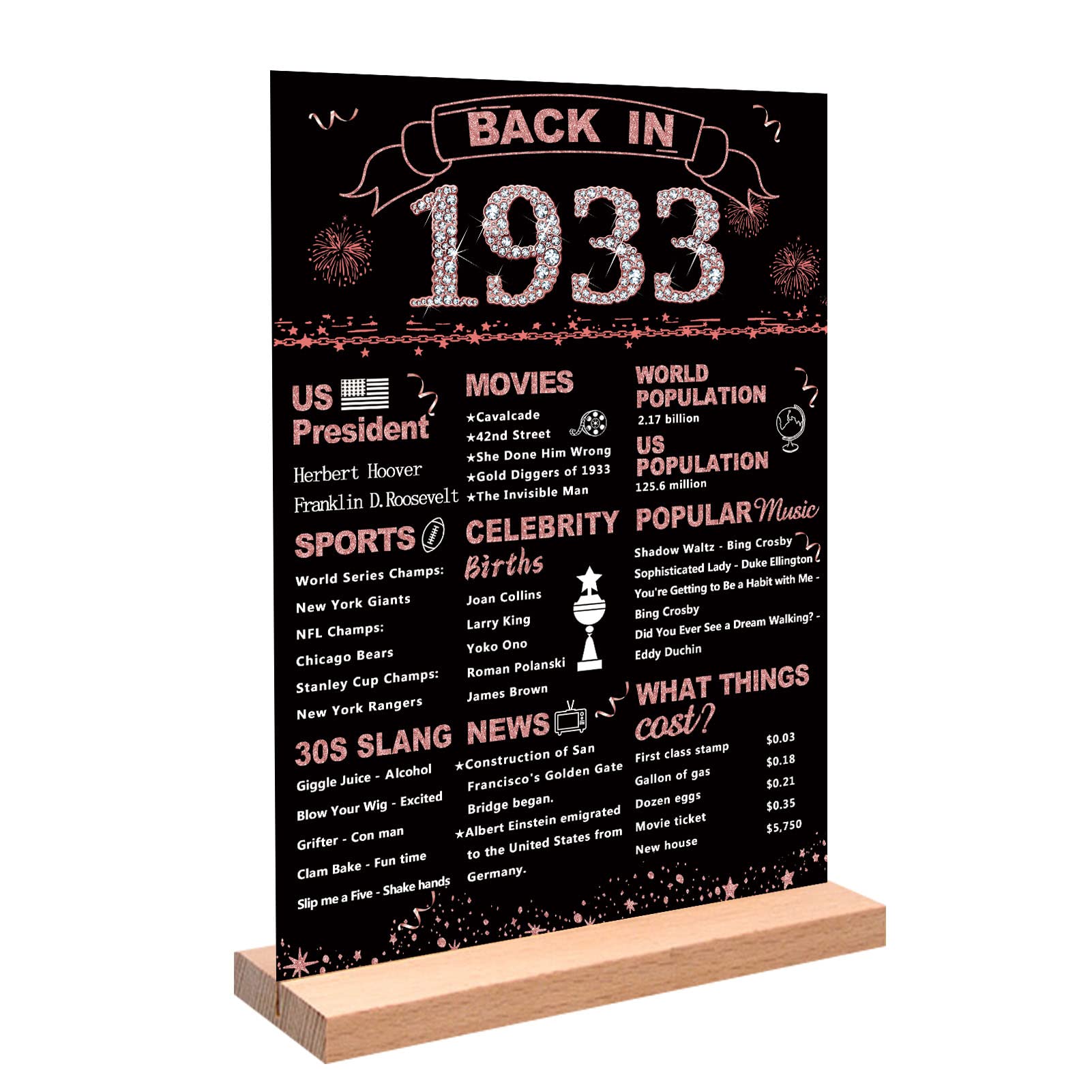 Darunaxy Rose Gold 90Th Birthday Gift For Women, One-Sided Back In 1933 ...