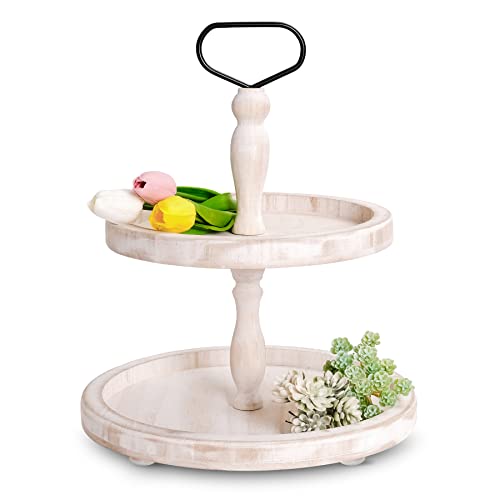 Mustry Rustic Wooden 2 Tiered Tray, Round Farmhouse Kitchen Table Decor ...