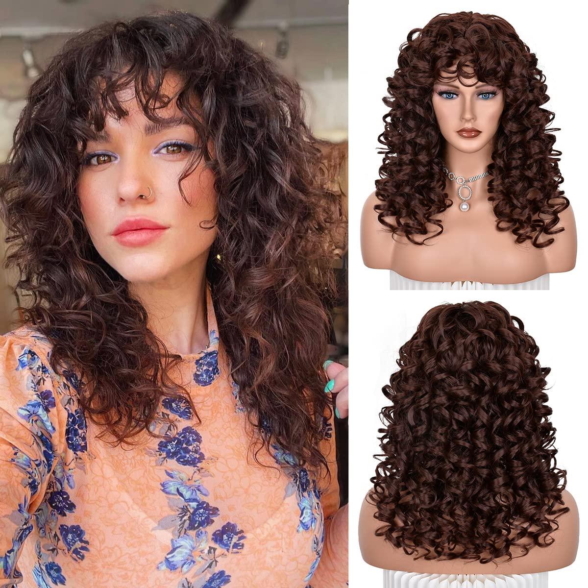 Annivia X Curly Wig With Bangs For Black Women Chocolate Brown Long