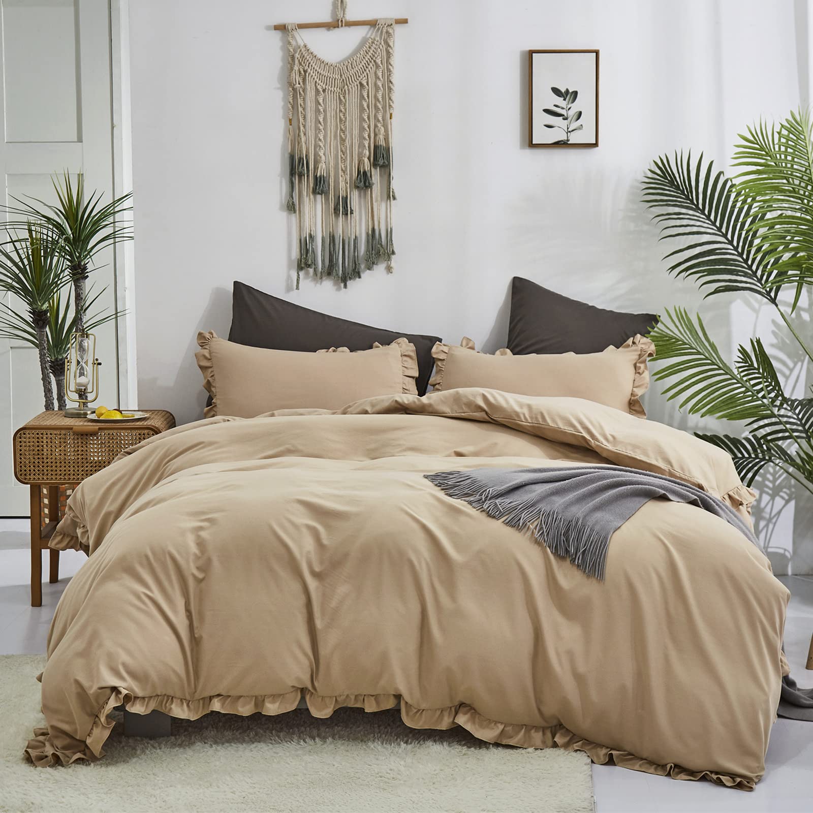 Cottonight Light Khaki Comforter Set California King Ruffle Champagne ...