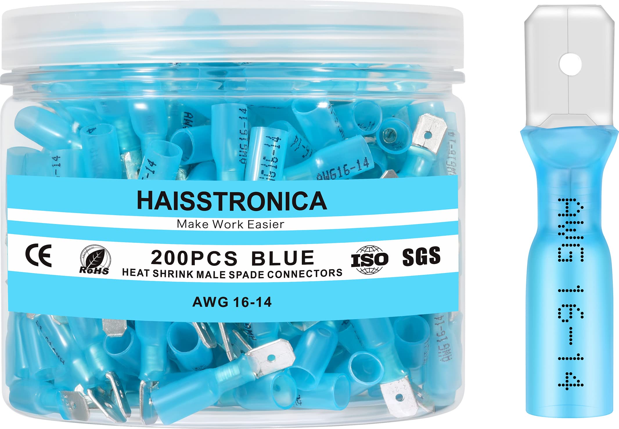haisstronica 200PcS Blue Heat Shrink Male Spade connectors,AWg 16-14 ...