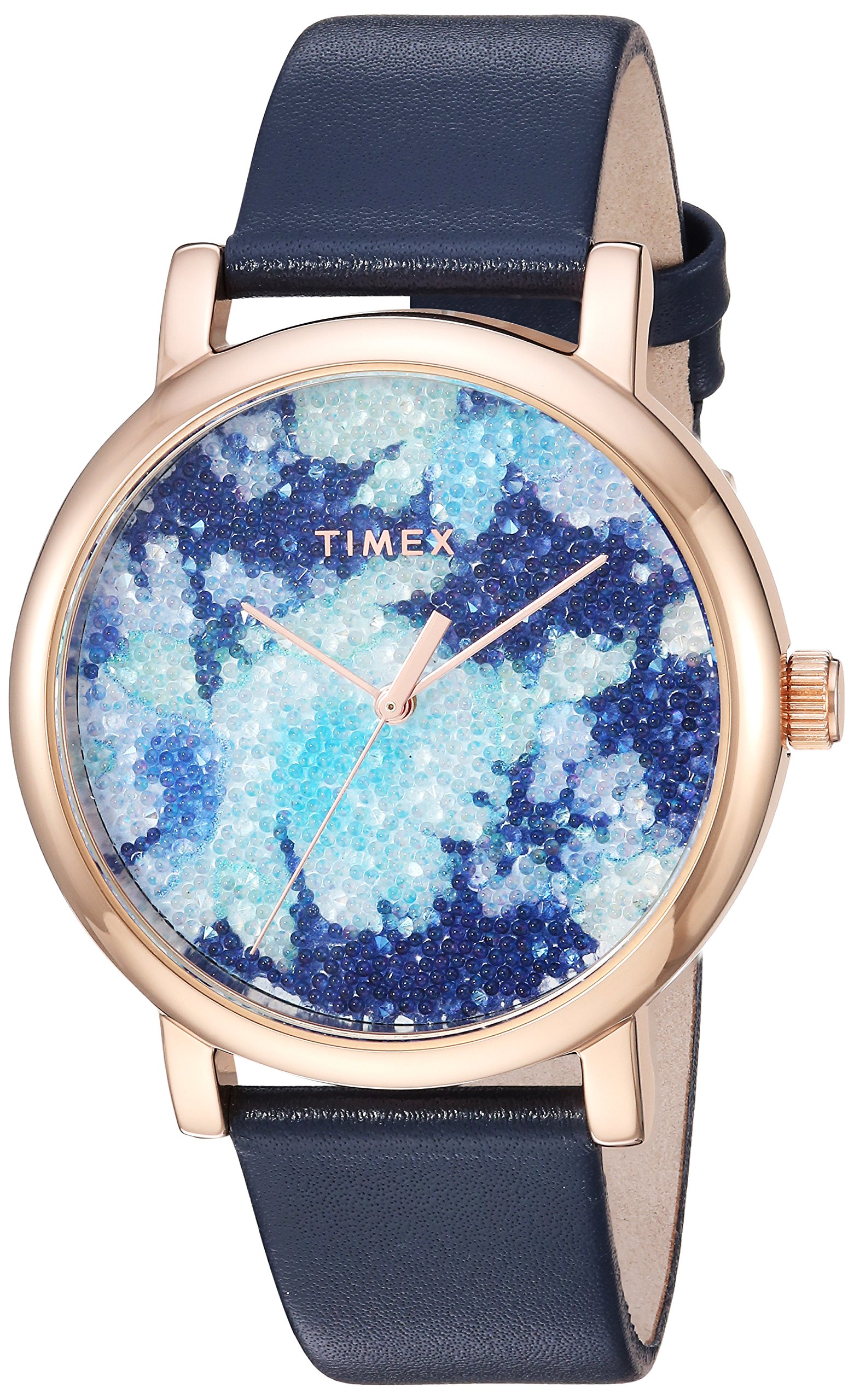Timex Womens Crystal Bloom Blue/Rose Gold Floral Leather Strap Watch ...